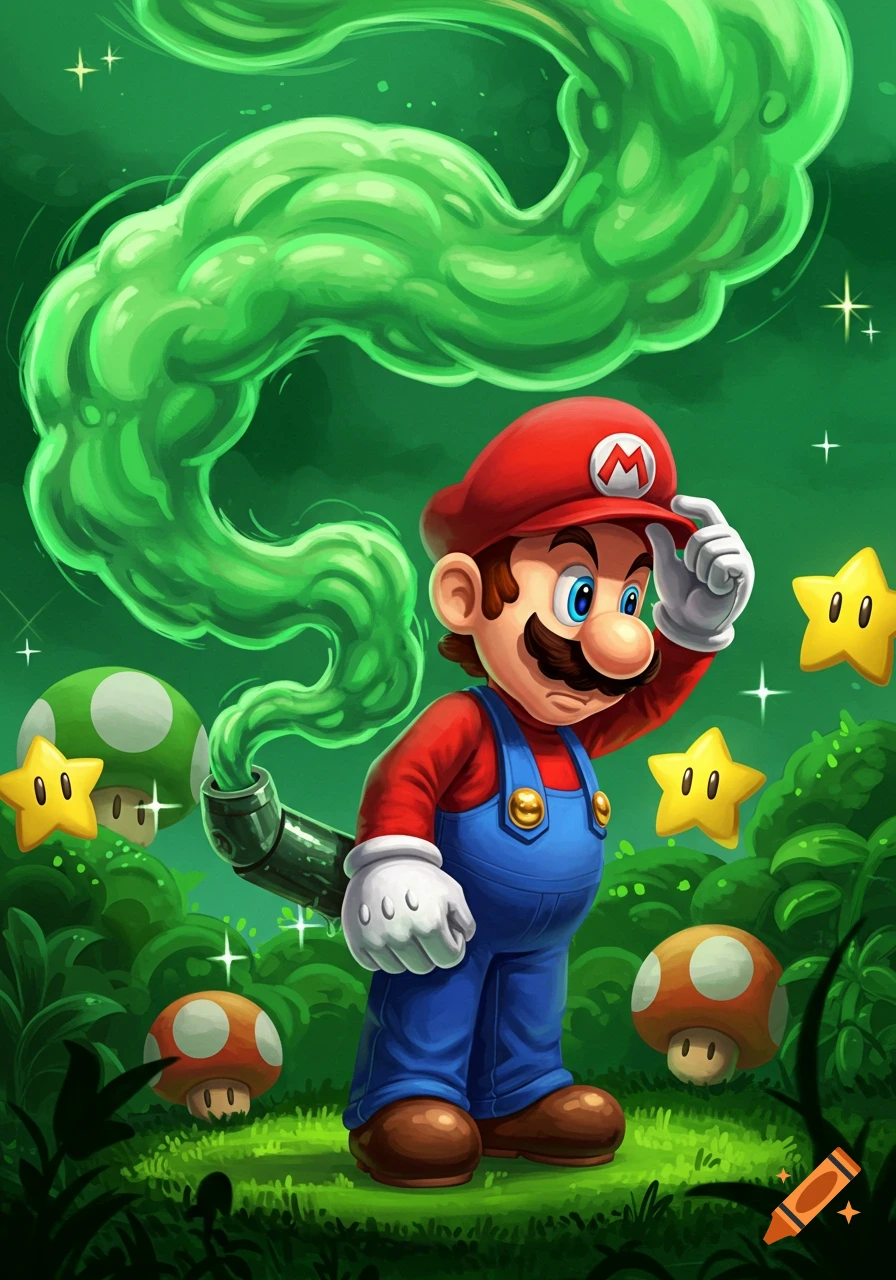 Cartoon Mario in a vibrant green forest, holding a pipe emitting green ...