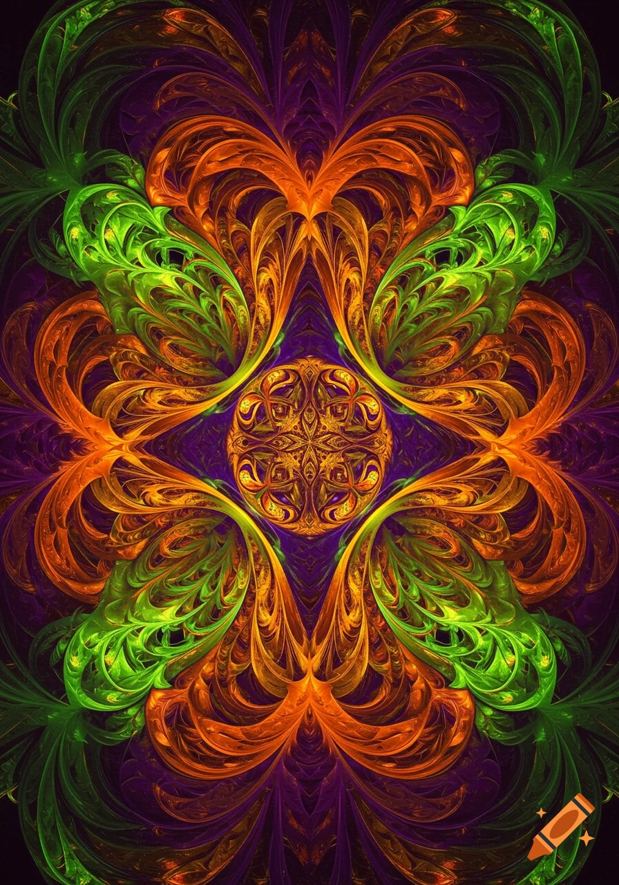 Intricate symmetrical filigree pattern in metallic orange, lime green ...