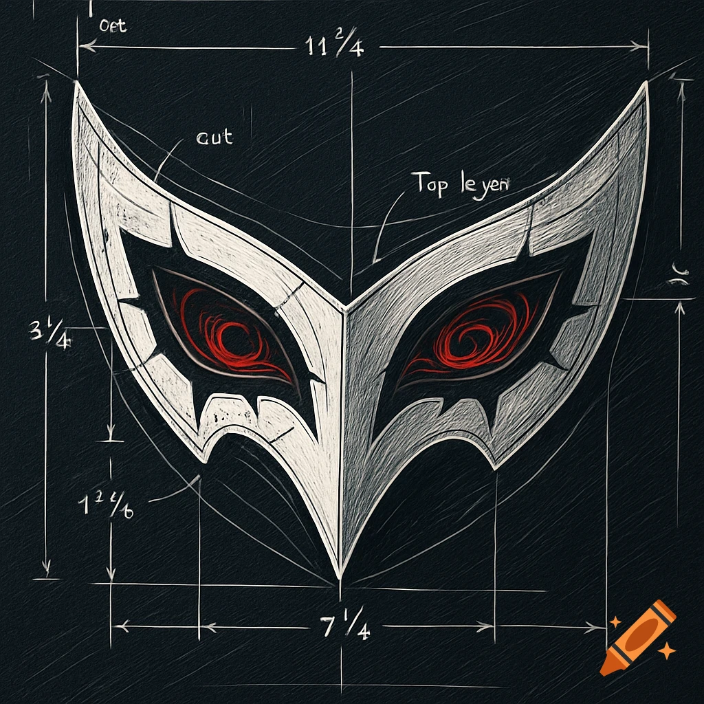 A sketch-style blueprint of Joker's mask from Persona 5, with ...