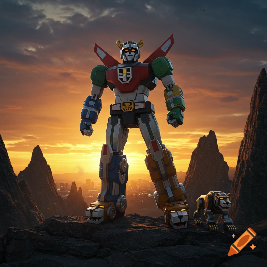 A red and yellow Sentai mecha robot with a drill chest stands among ...