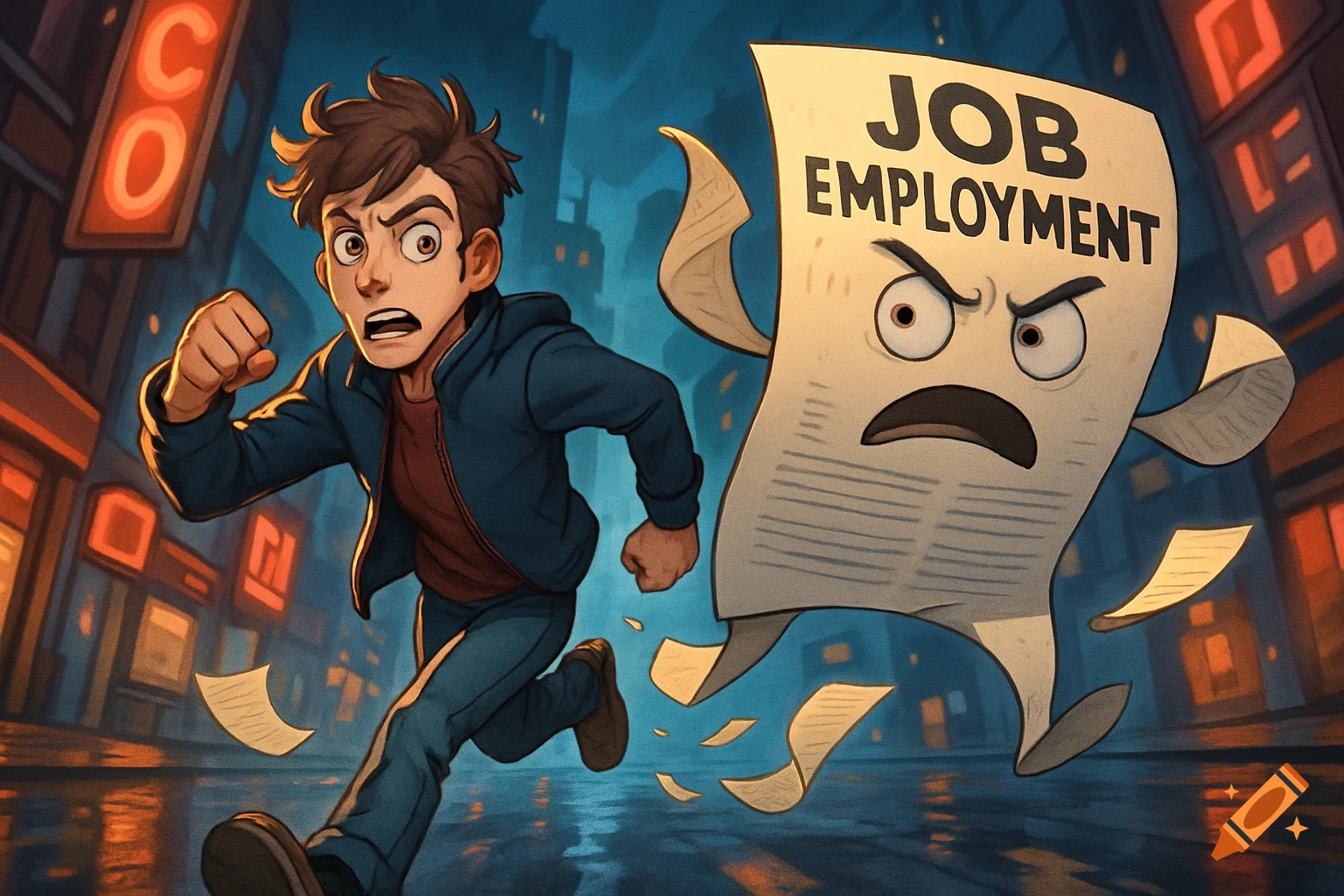 Cartoon man running from an angry paper with 'JOB EMPLOYMENT' written on it, in a dark city ...