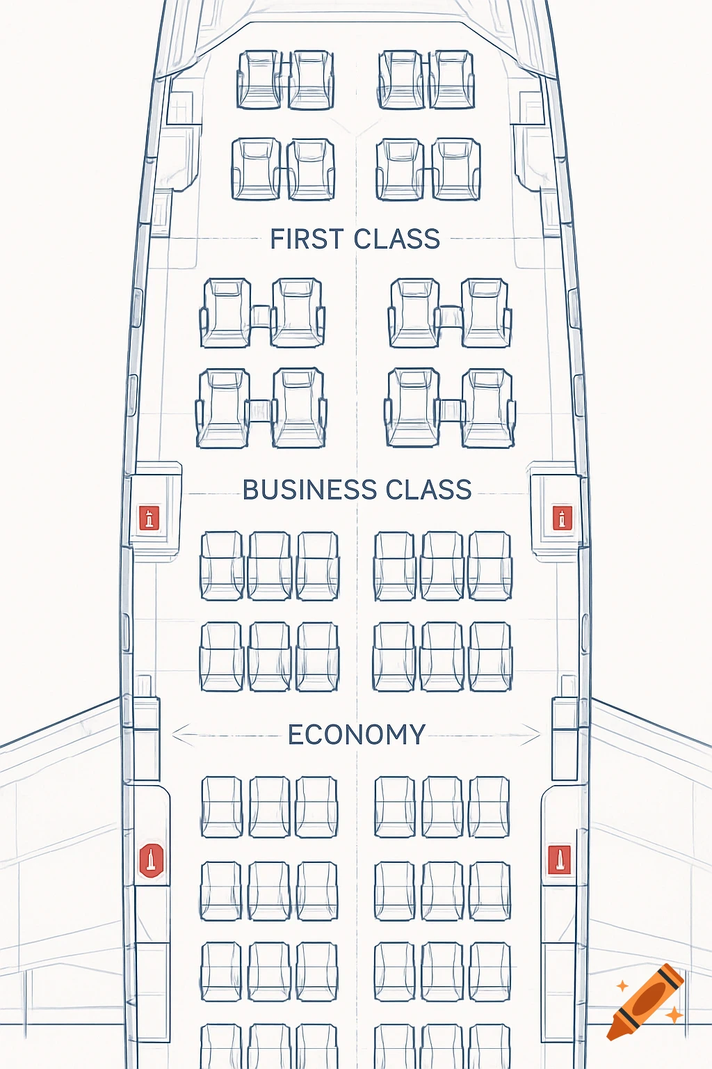 Blueprint of an airplane cabin layout, showing first class, business ...