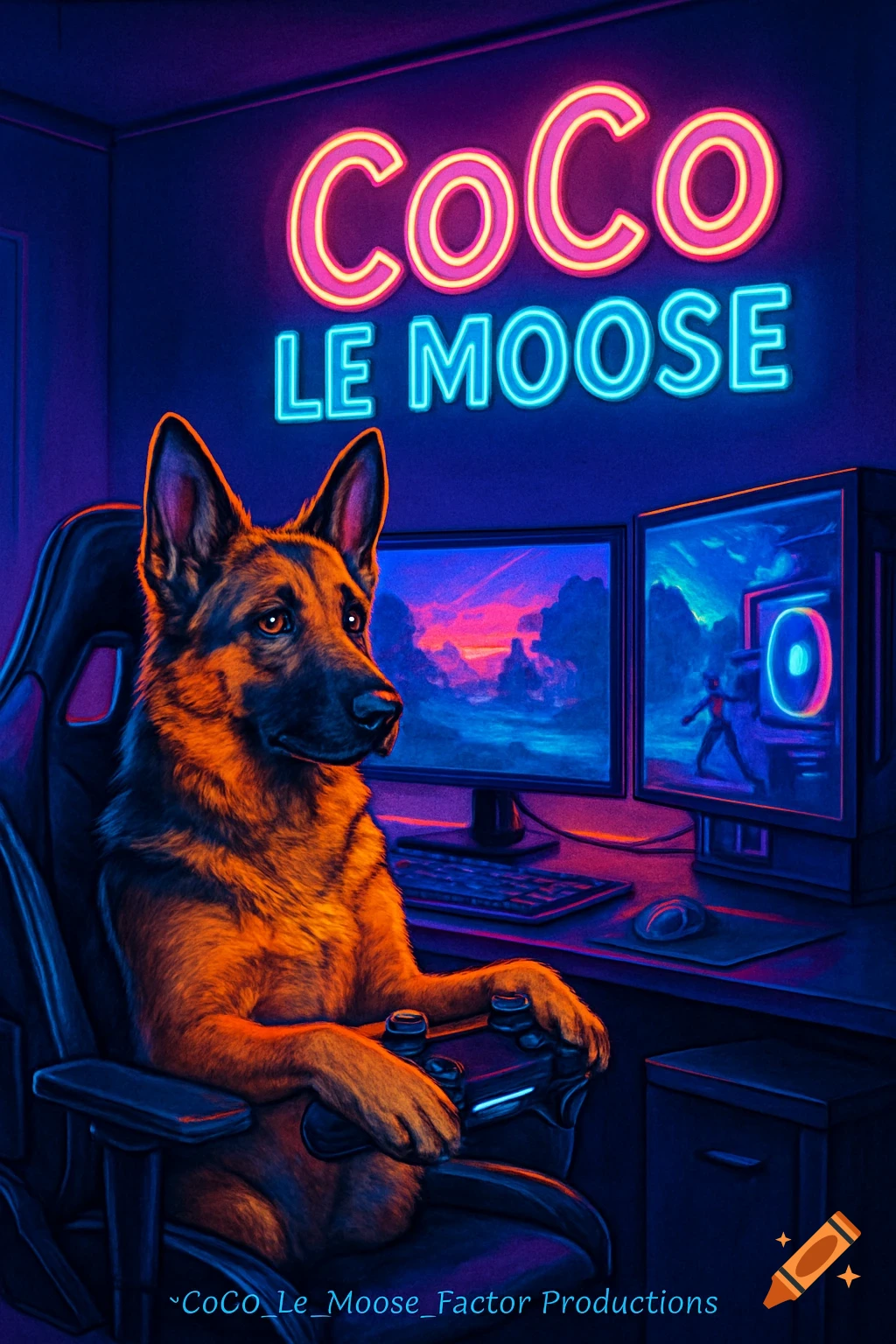 A German Shepherd dog sits in a gaming chair, playing video games on ...