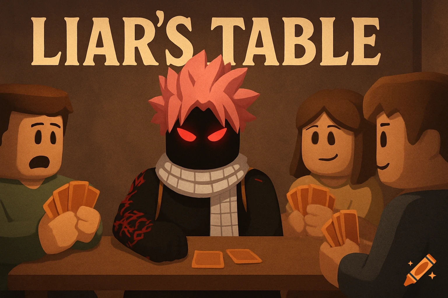 Four Roblox-style characters playing cards at a table under the title ...