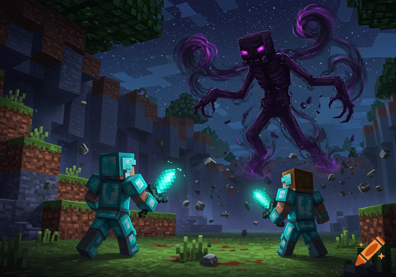 Two Minecraft players with glowing swords face a large Enderman in a ...