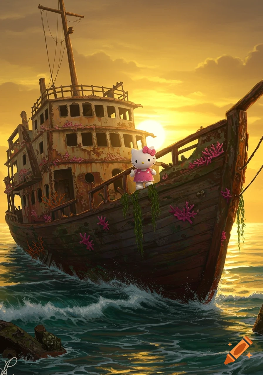 Hello Kitty stands on a rusty shipwreck in a stormy sea at sunset ...