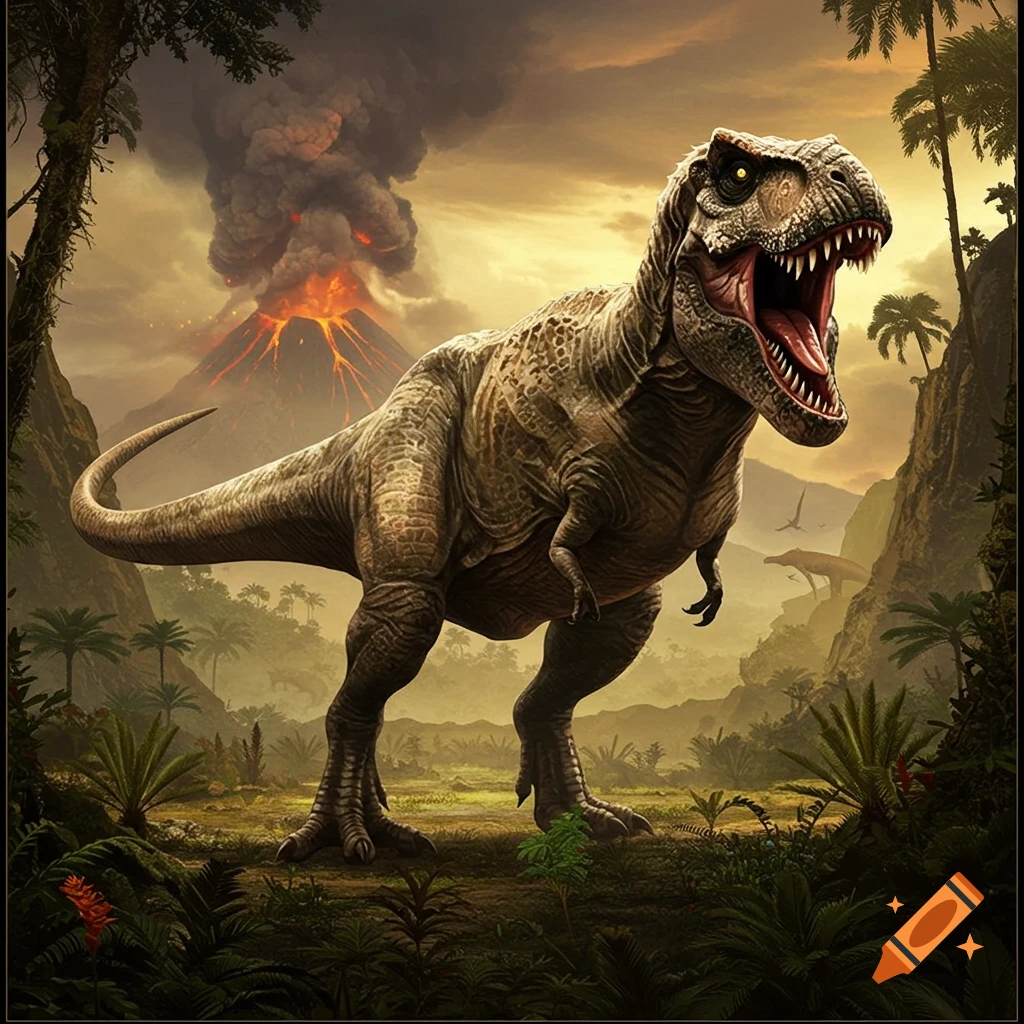 A detailed Tyrannosaurus Rex roars in a prehistoric jungle with an ...