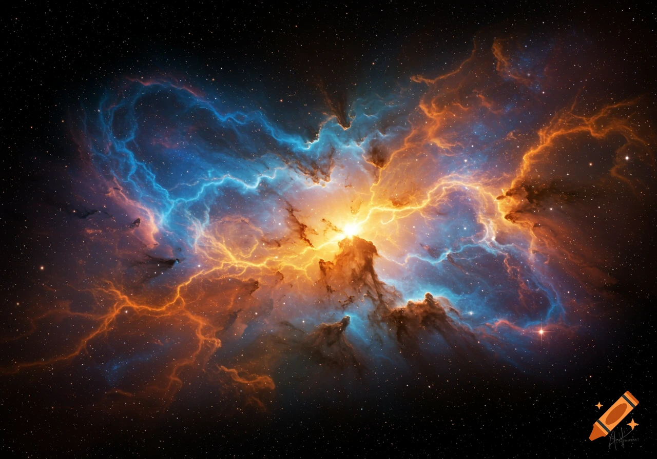 Vibrant space nebula with orange, red, and blue gas and dust, illuminated by a bright star ...