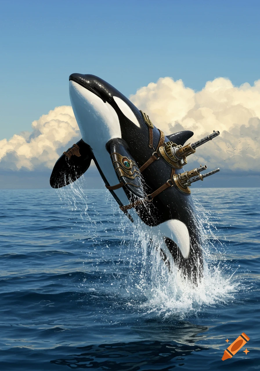An orca, adorned with steampunk-style armor and machine guns, leaps ...