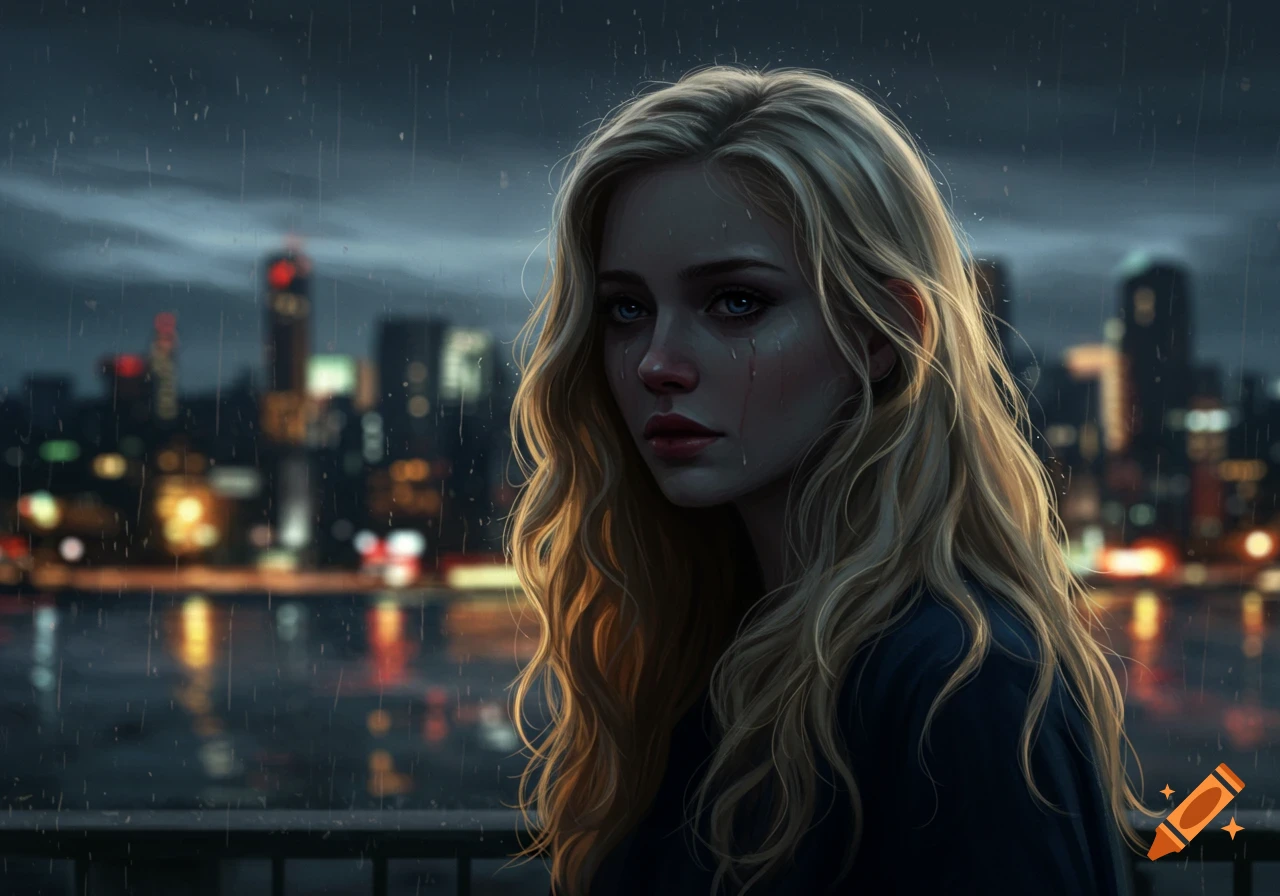 A sad blonde woman with tears on her face stands in the rain at night ...