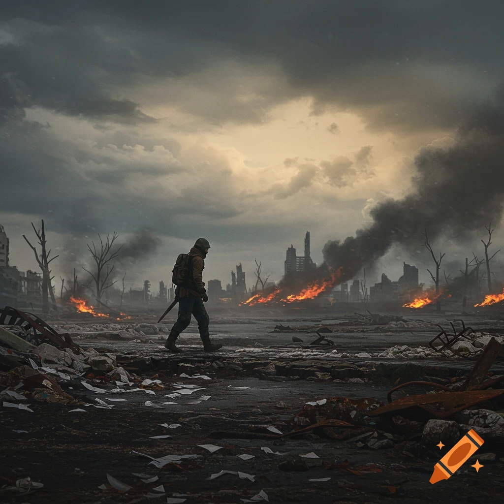 A lone figure in military gear walks through a desolate, war-torn city ...