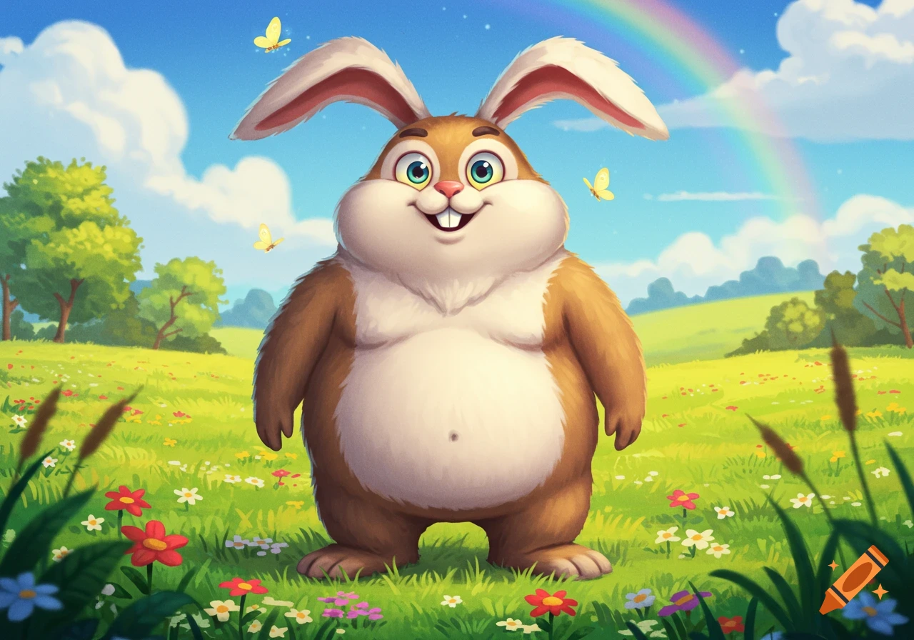 Bugs Bunny, a gray rabbit in blue overalls, stands smiling in a sunny ...