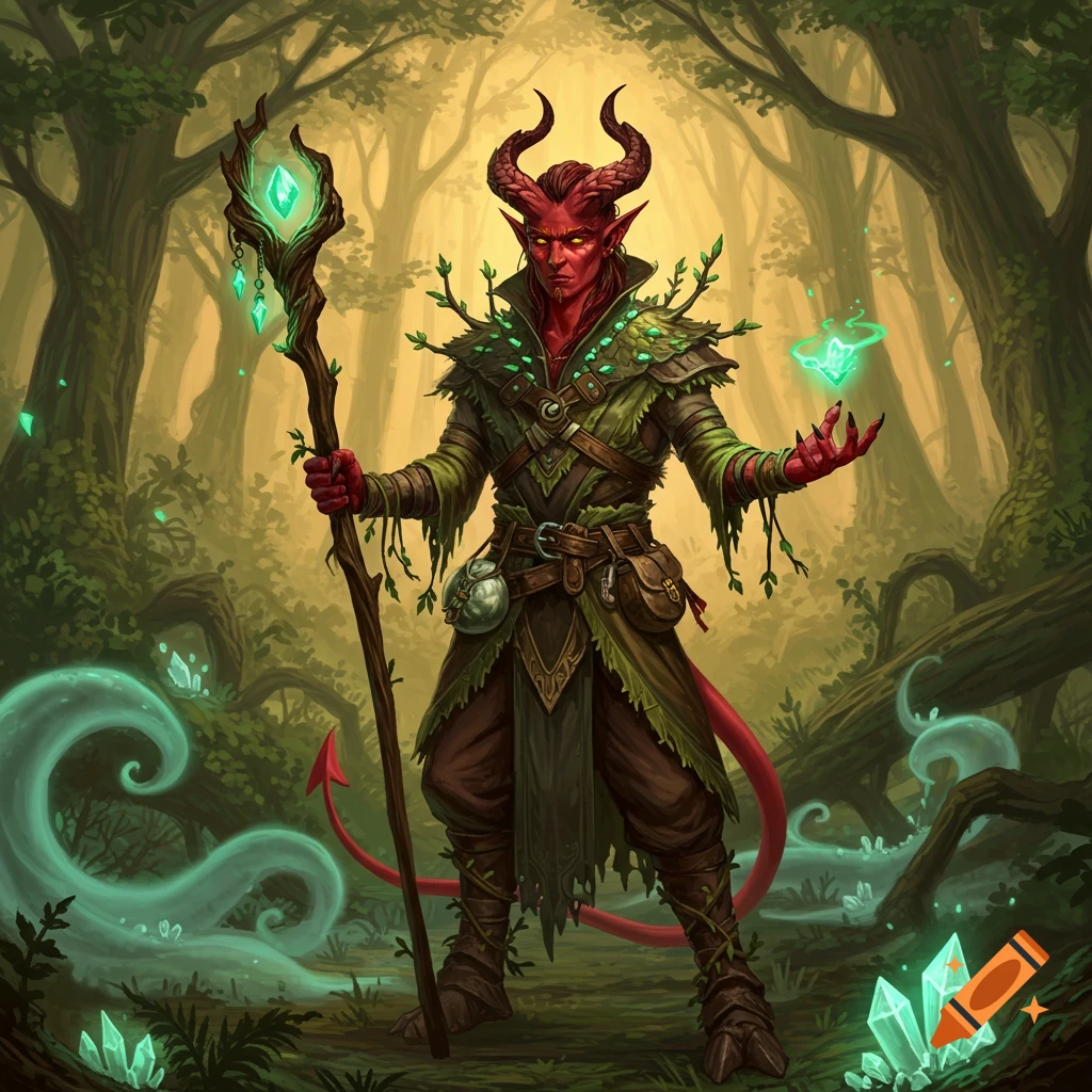 A red-skinned male tiefling druid in leafy attire stands in a mystical ...