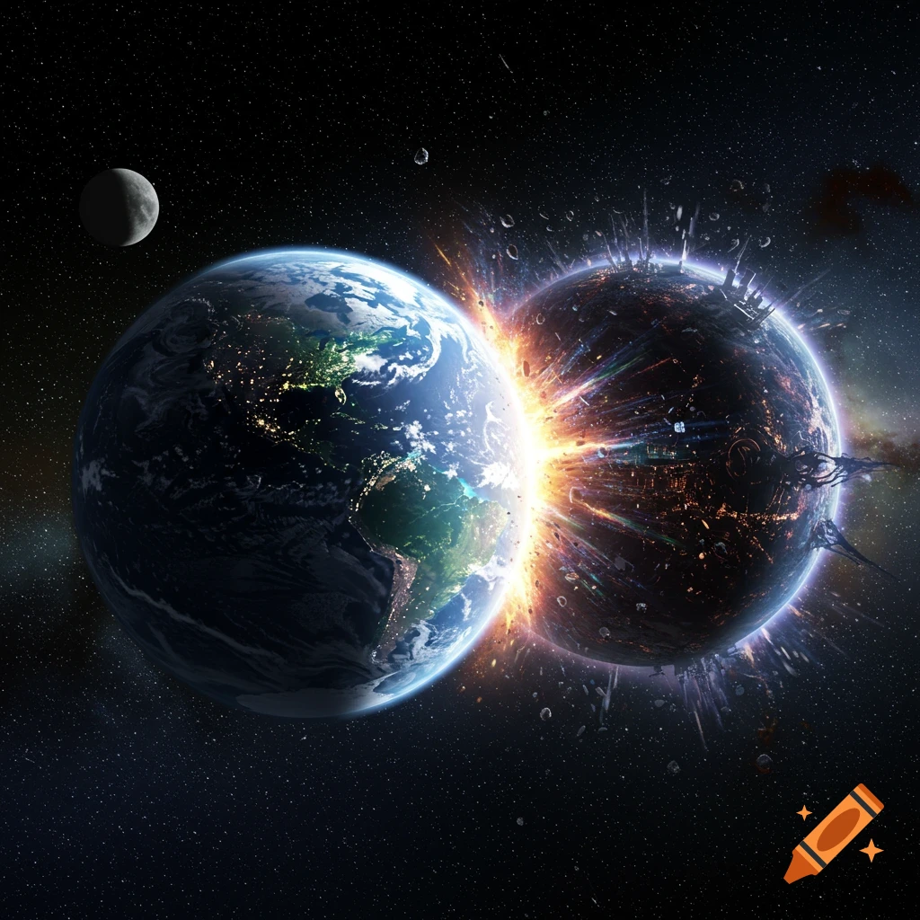 Earth and a dark, mechanical planet collide in space, bright light and ...