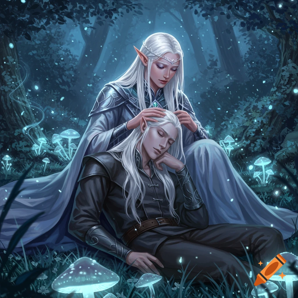 Digital painting of two elves, a woman in a blue dress and a man in a ...