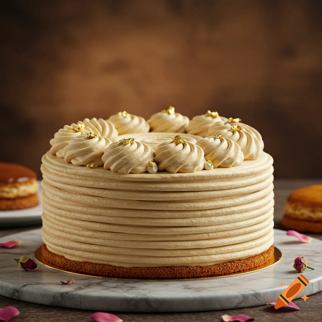 A beautifully decorated cake with ribbed beige frosting and small gold ...