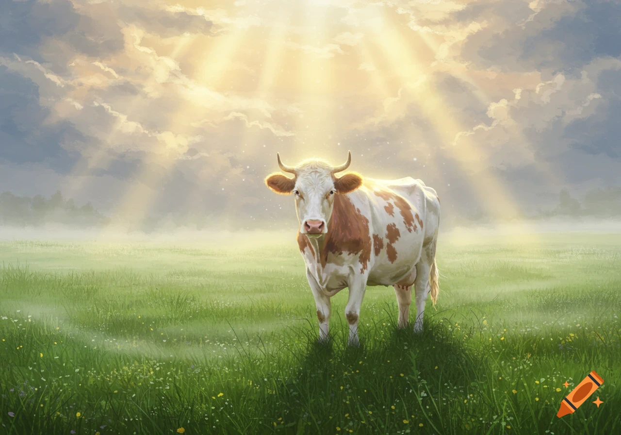 A white and brown cow stands in a green grassy field under dramatic sun ...