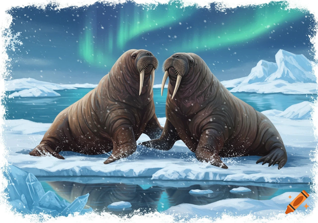 Two walruses sit on snow and ice by open water under a green aurora ...