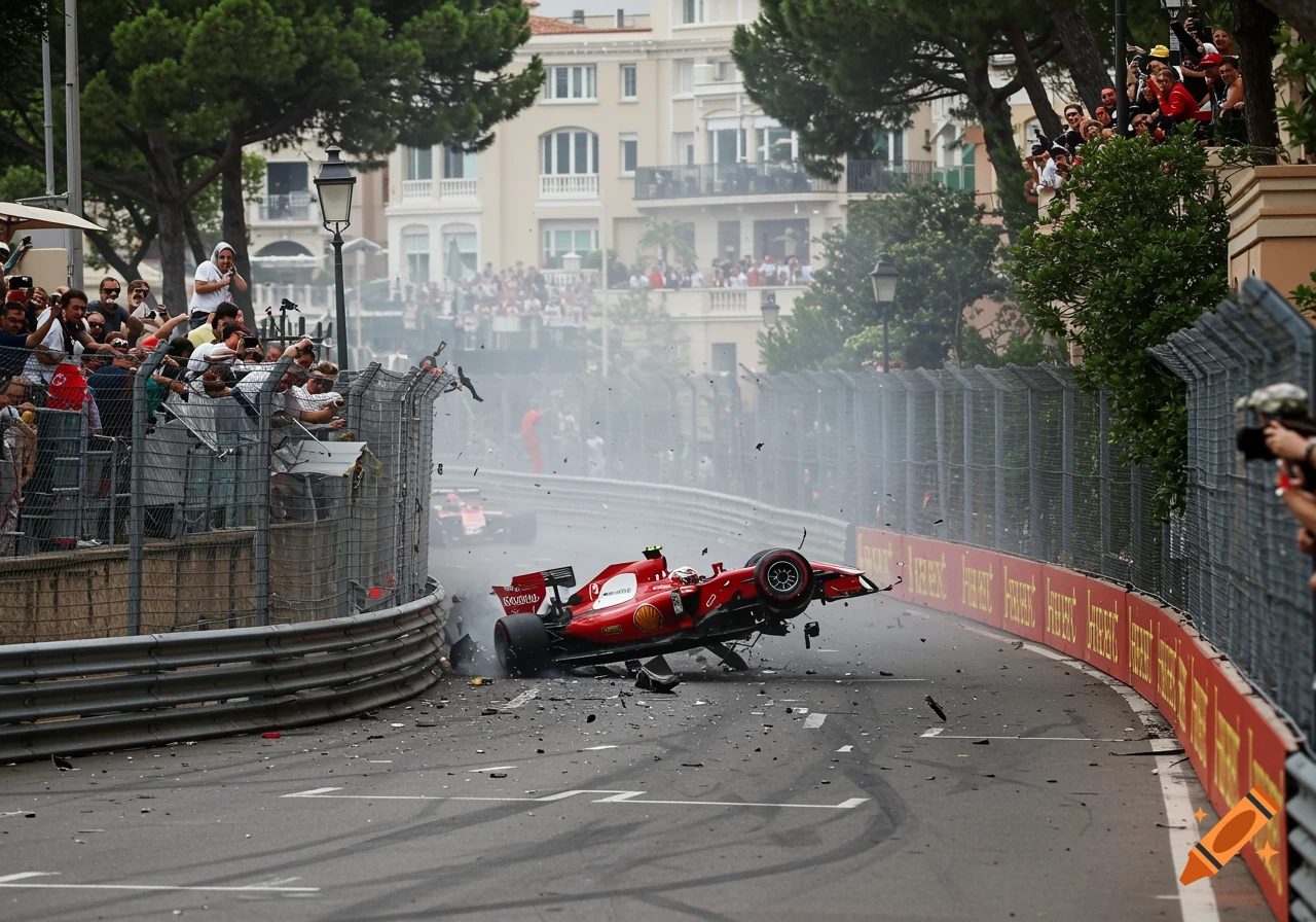 A red Formula 1 race car crashes into a barrier on a track, with debris ...