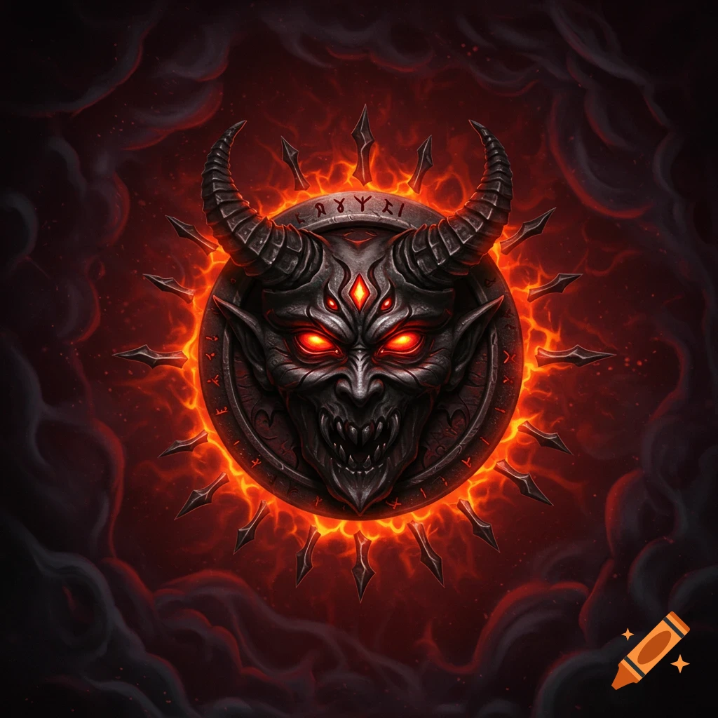 Stylized horned demon face with glowing red eyes and fangs, surrounded ...