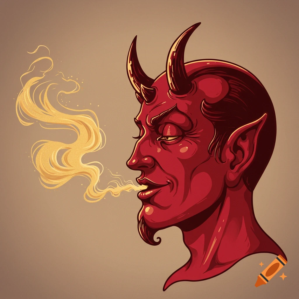 A 1930s-style illustration of a red devil's head in profile, exhaling ...