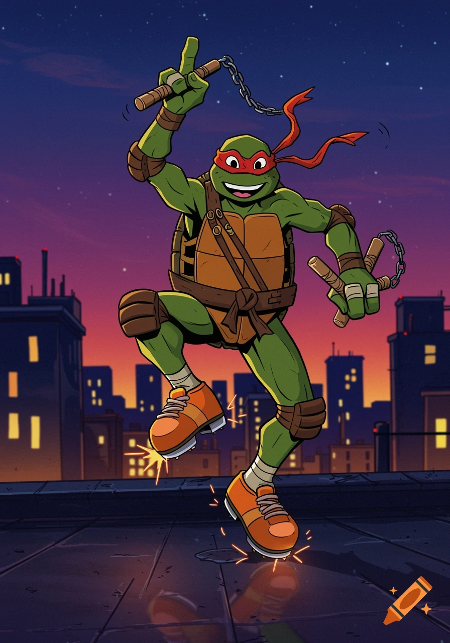 Two Teenage Mutant Ninja Turtles hug two smiling teenage girls on a ...