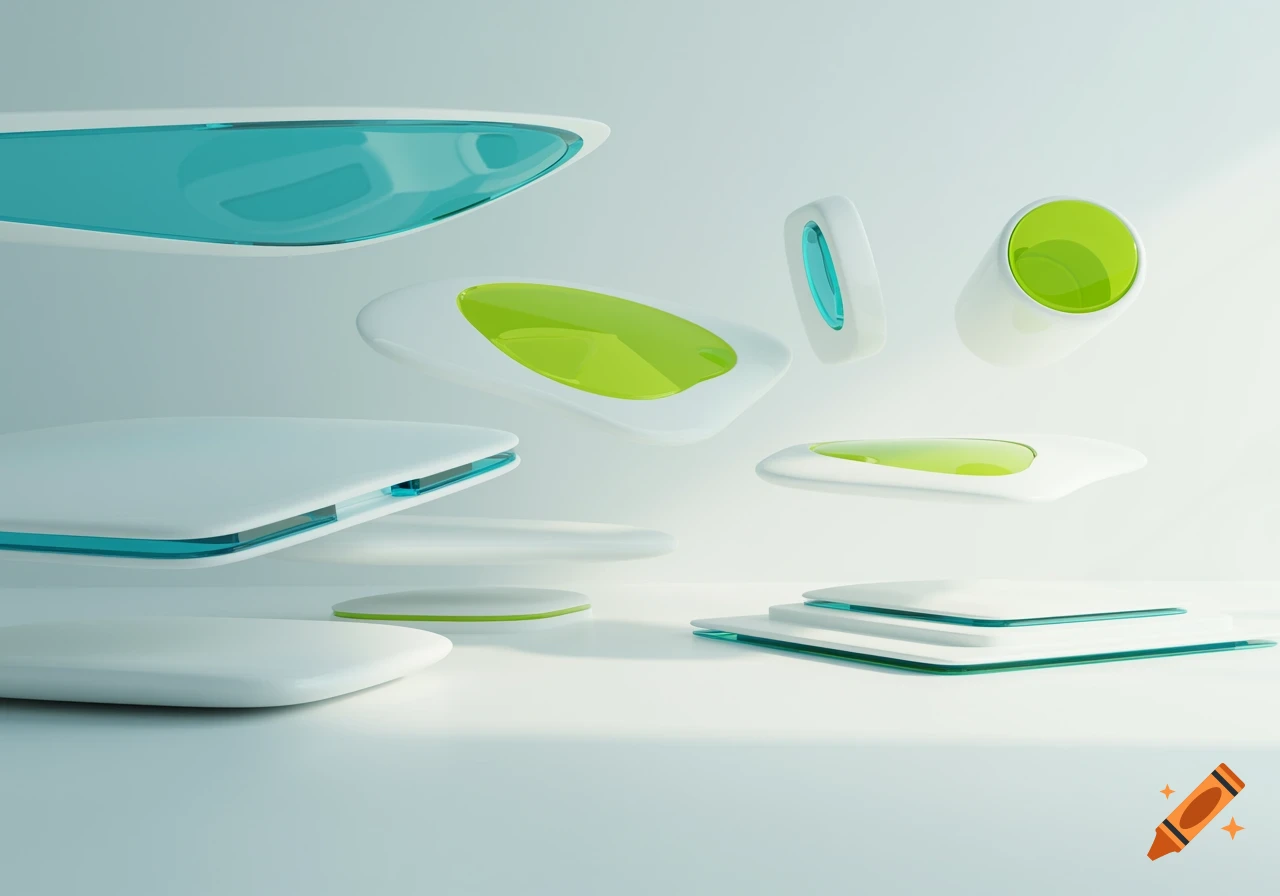 Abstract Frutiger Aero style composition with floating white, turquoise ...