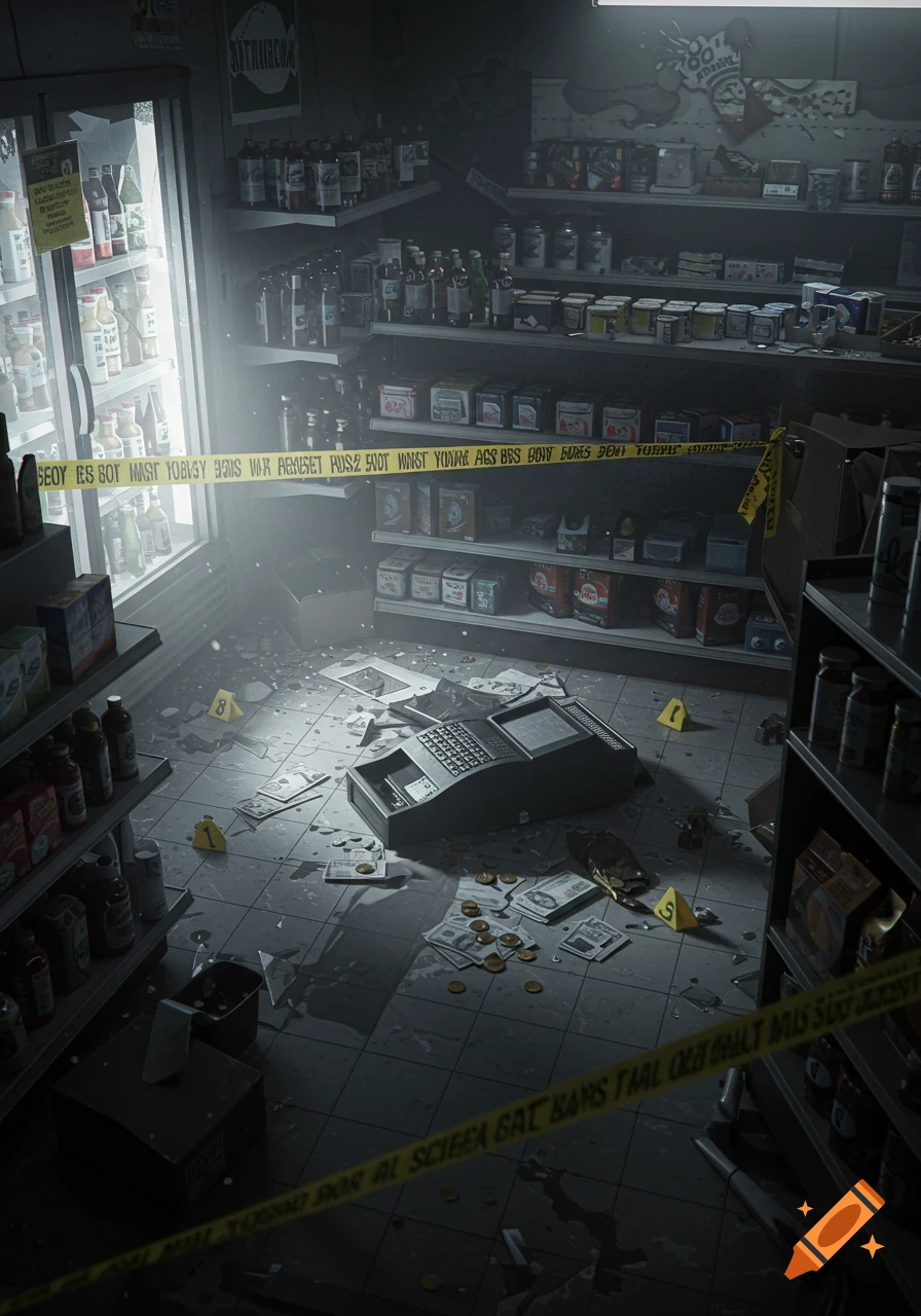 A dark, ominous photo of a ransacked convenience store crime scene with ...