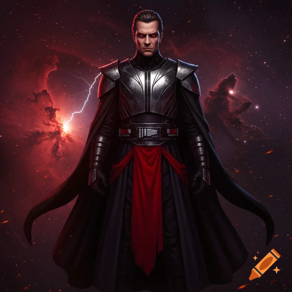 A menacing Sith Lord in dark armor and a flowing black cape with red ...