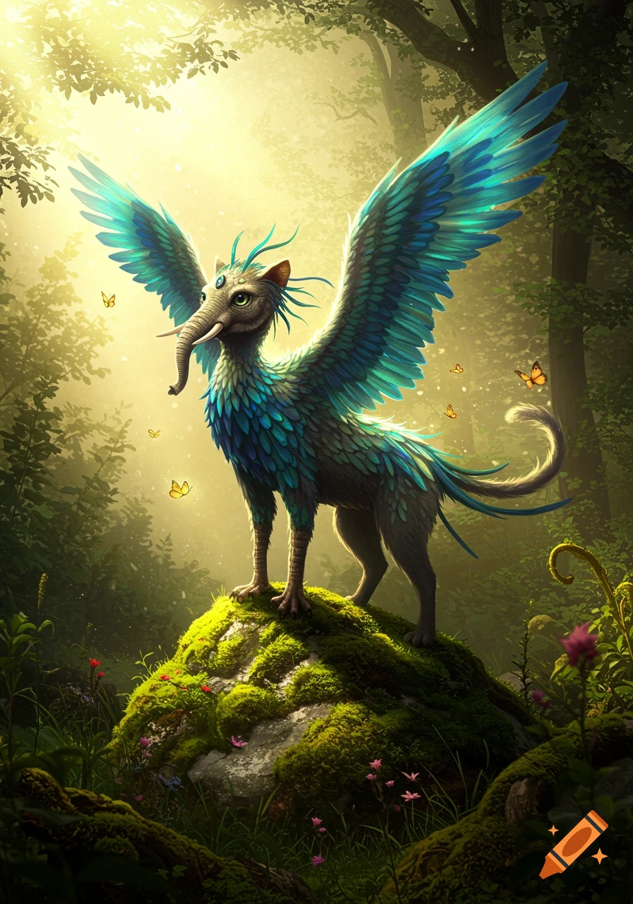 A vibrant fantasy creature, a mix of elephant, cat, and bird, with blue ...