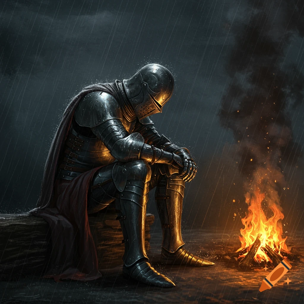 A knight in full armor stands in a stone archway, holding a pocket ...