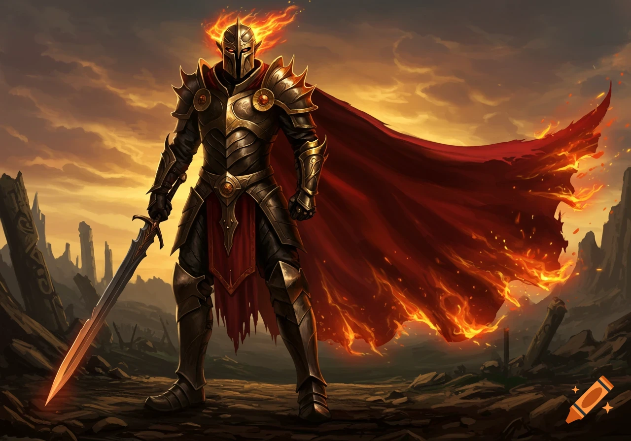 A skeletal knight in rusted armor and a tattered red cape stands with a ...