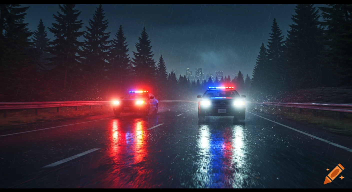 An ambulance and police cars with flashing lights drive down a city ...