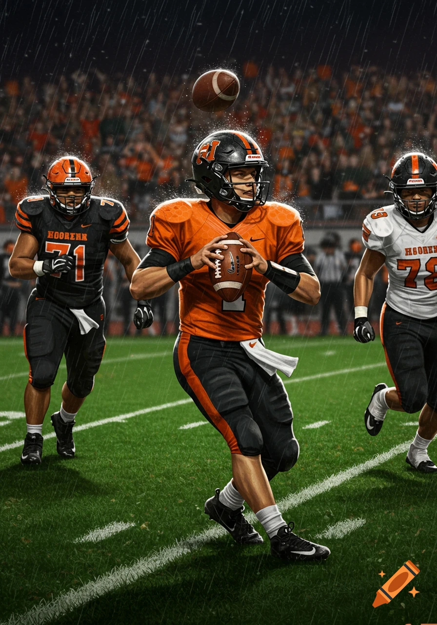 A muscular football player in an orange uniform and black helmet runs ...