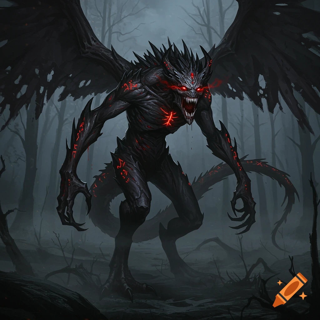 A monstrous, pale-skinned creature with glowing red eyes, sharp teeth, and a skeletal body ...