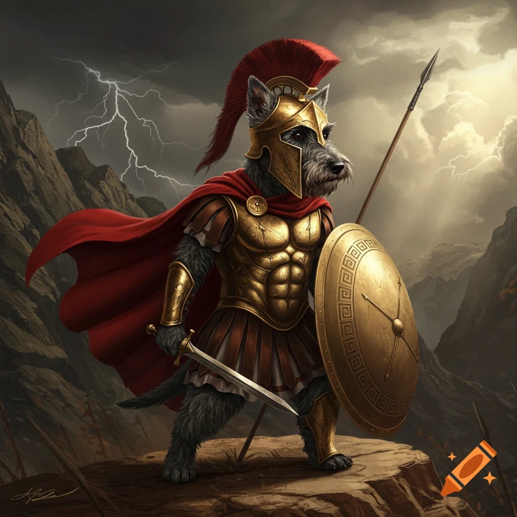 A powerful Greek god in golden armor and a red cape stands on a ...