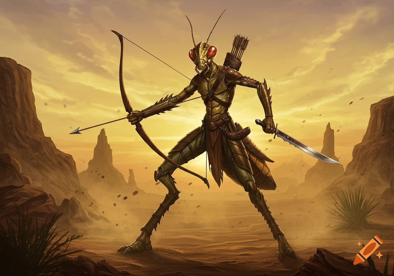 An armored Thri-kreen, an insectoid warrior, stands in a desert holding ...