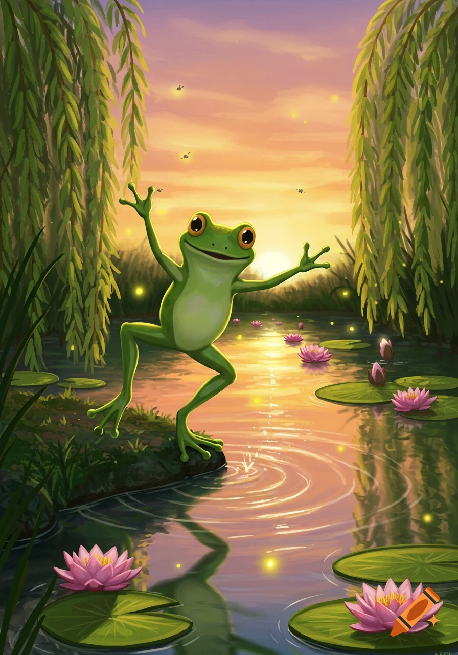 Two unique camel-frog creatures sit in a pond surrounded by lily pads ...