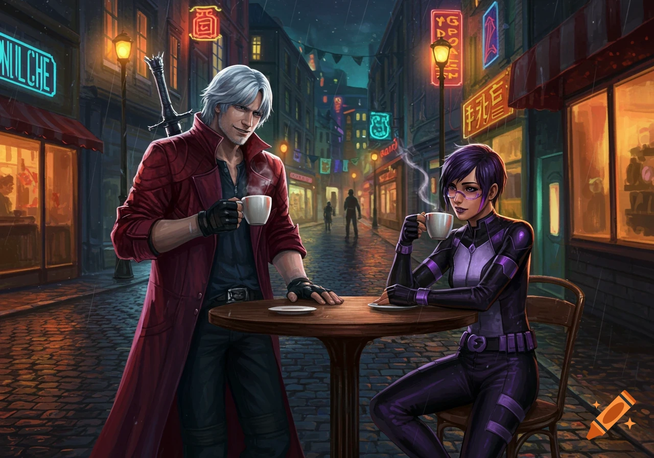 Dante from Devil May Cry and Nico from Marvel sit at an outdoor cafe ...