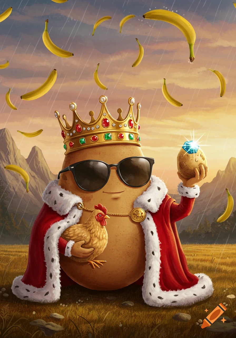 A cartoon potato king in a red cloak and crown holds a chicken and a ...