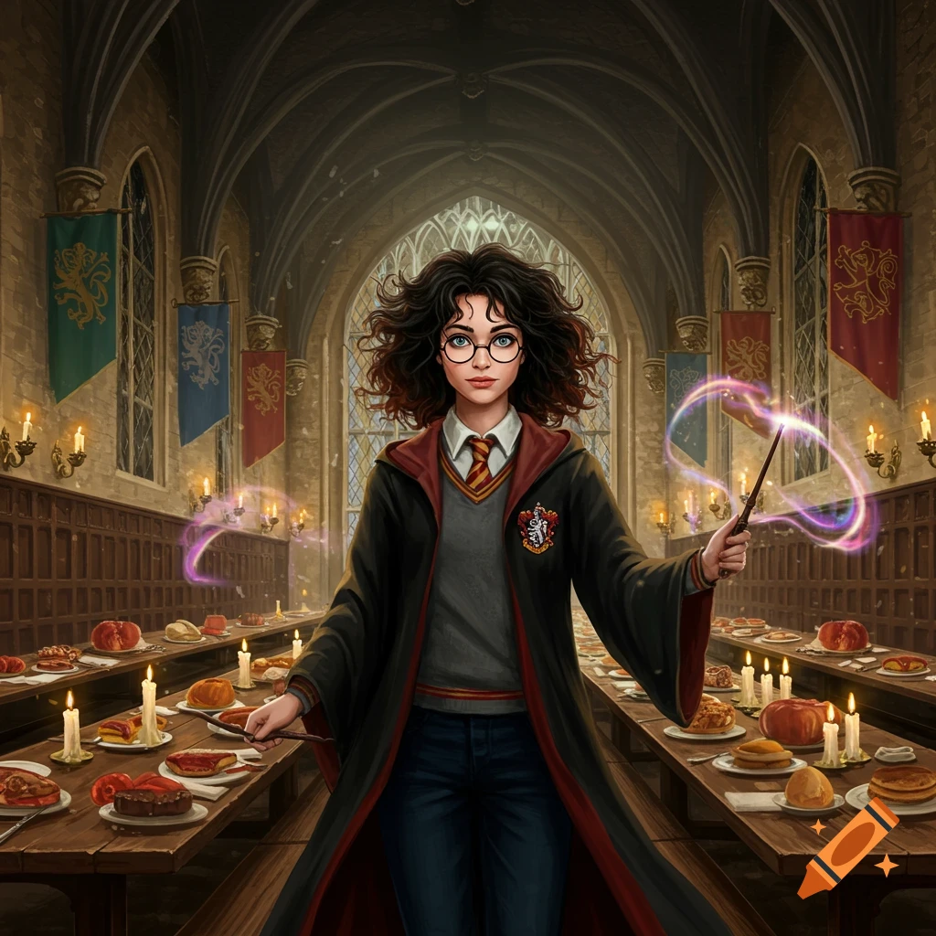 A female wizard with curly dark hair and glasses in a Hogwarts-like ...