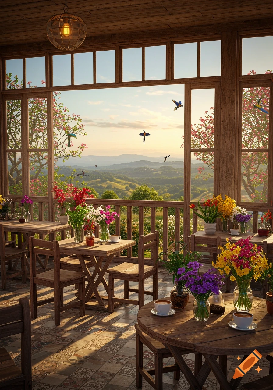 A sunlit cafe on a balcony with wooden tables, colorful flowers, and ...