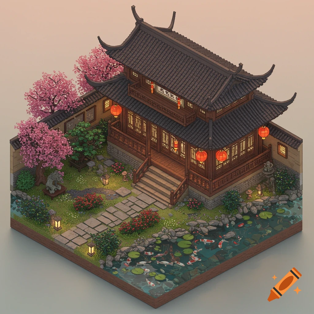 Pixel art of an ancient Chinese village on Craiyon