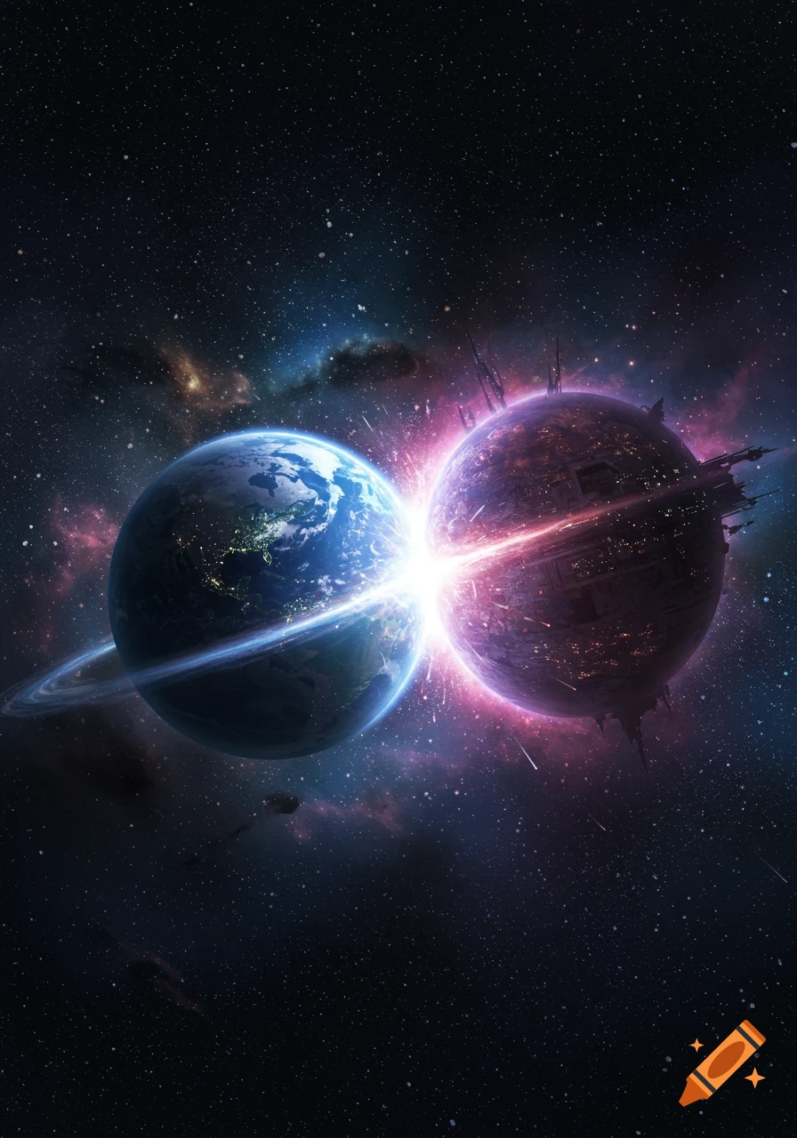 Two planets, one resembling Earth and another metallic, collide in a bright cosmic explosion in ...