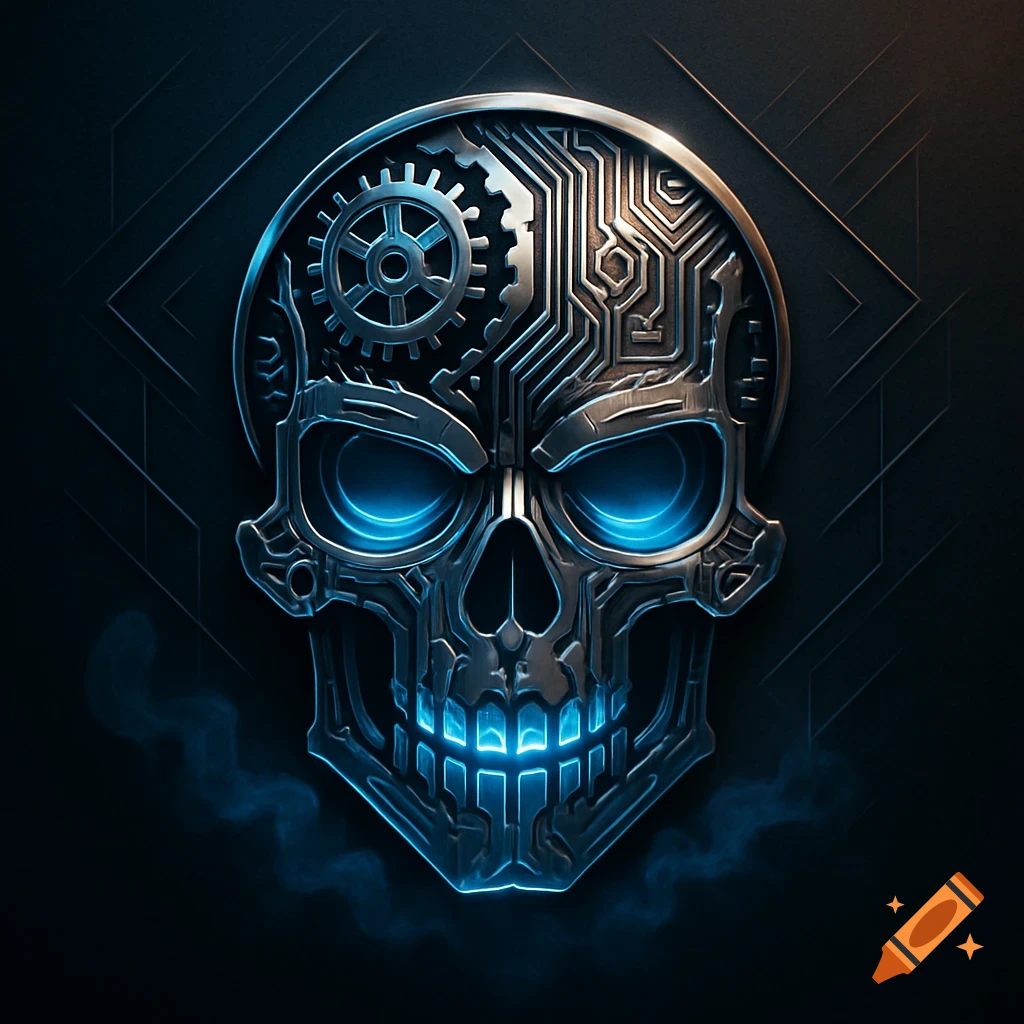 A rusty, decaying robotic skull made of metal plates and wires, in a ...