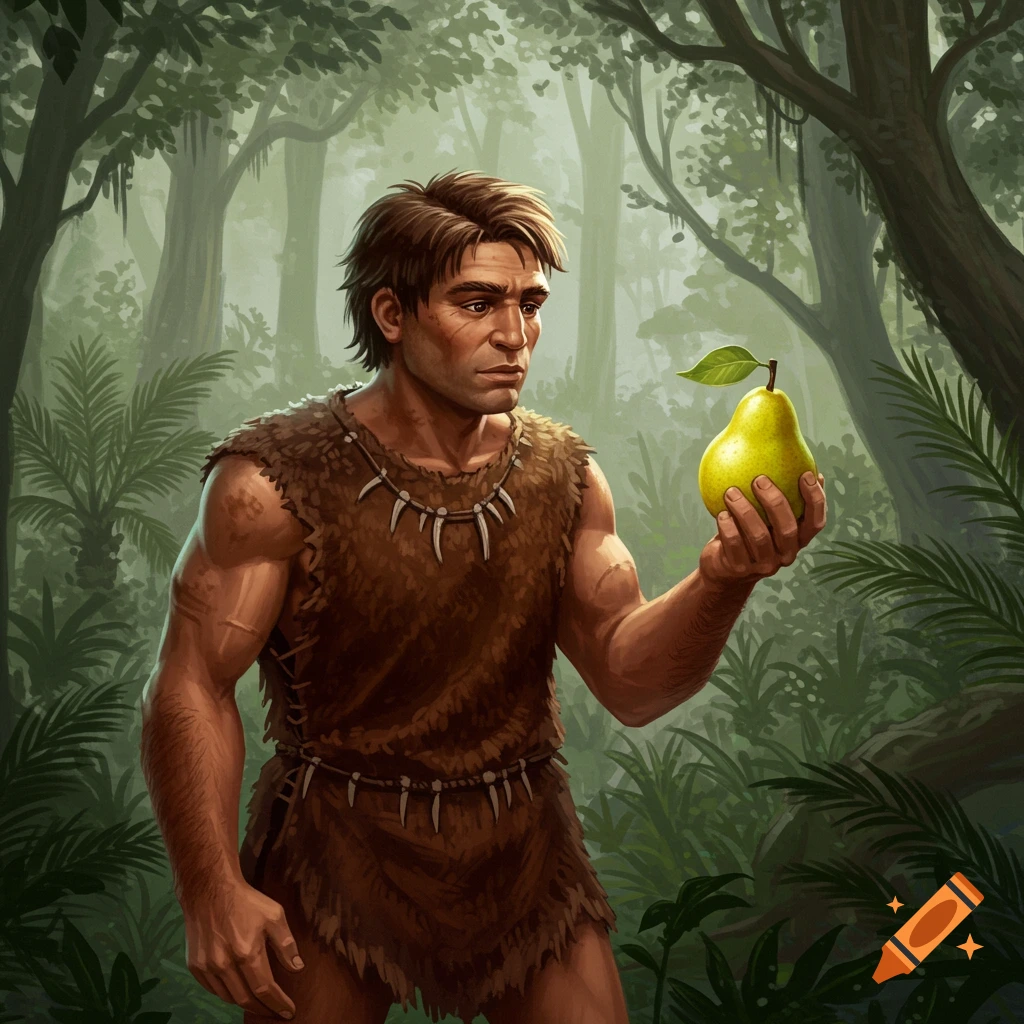 Image of a caveman standing on a cliff overlooking a tropical jungle on ...