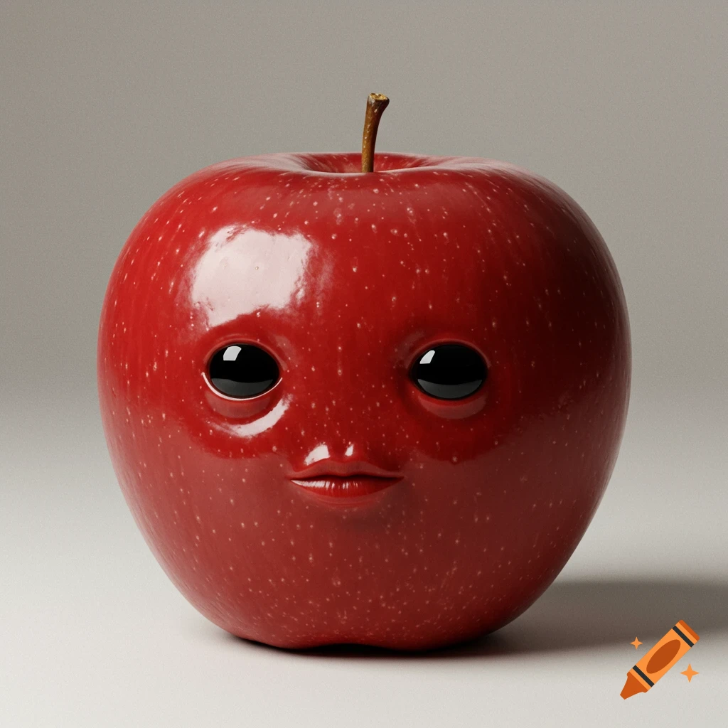 A red apple with a detailed, expressive human-like face and a green ...