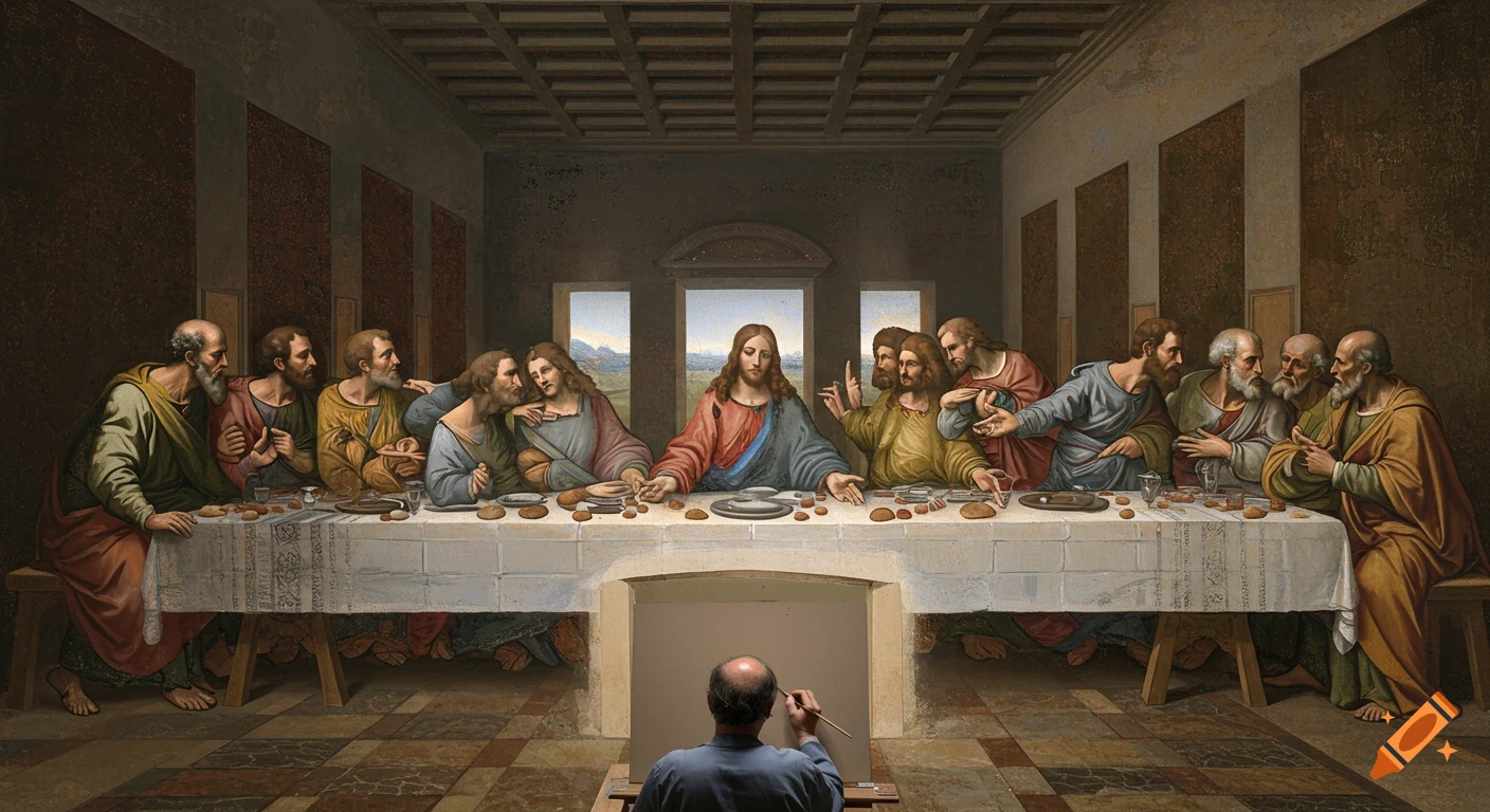Abstract watercolor painting of the Last Supper with 13 figures seated ...