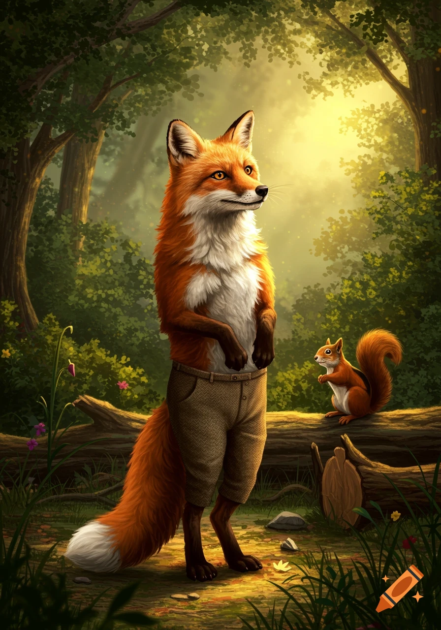 A happy cartoon squirrel on a stump holds a banner 'Leon, 1 Year ...