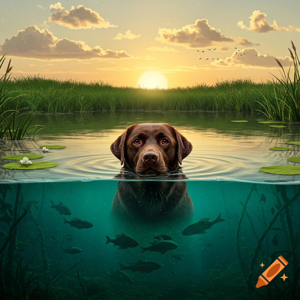 A chocolate Labrador retriever swims in a clear pond at sunset, with ...